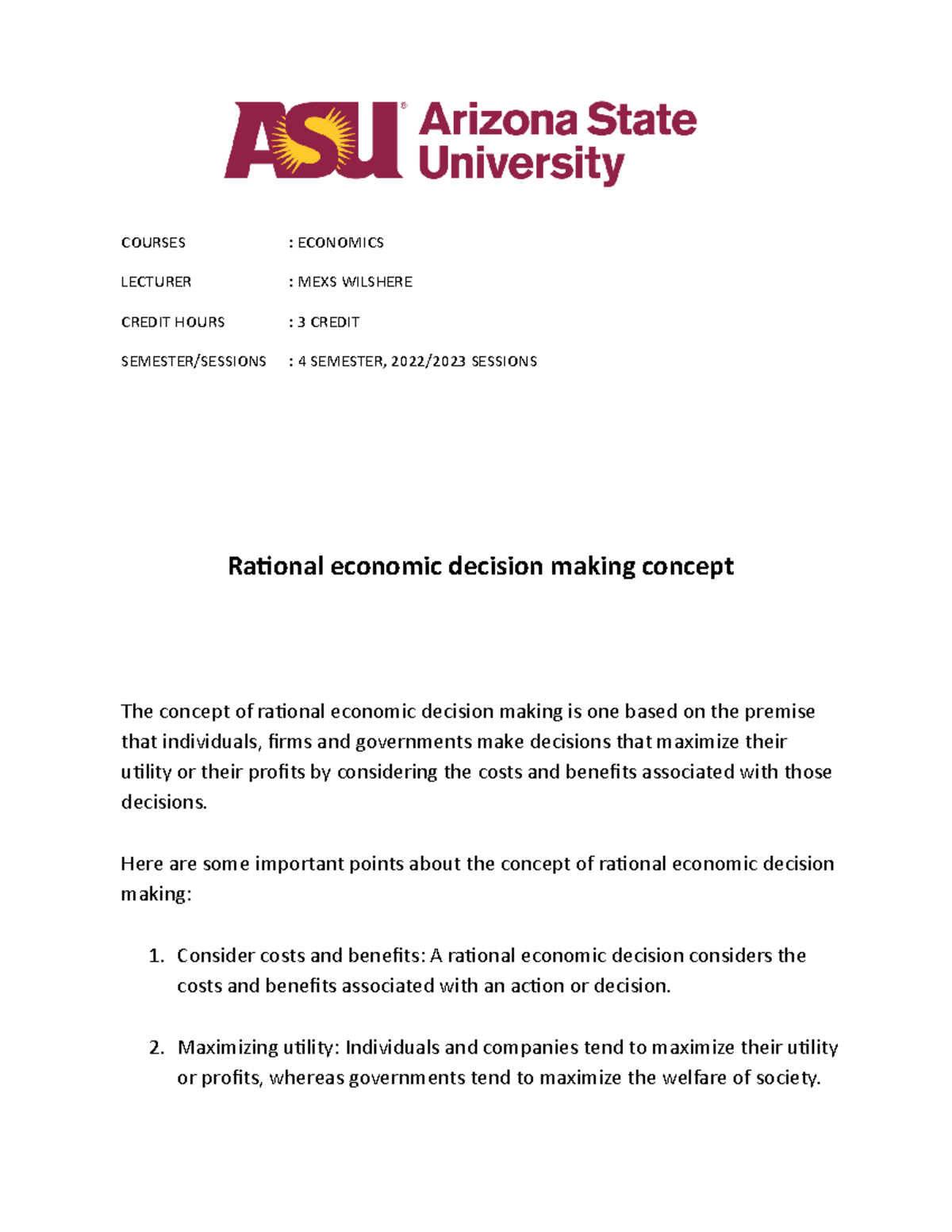 Rational economic decision making concept - COURSES : ECONOMICS ...