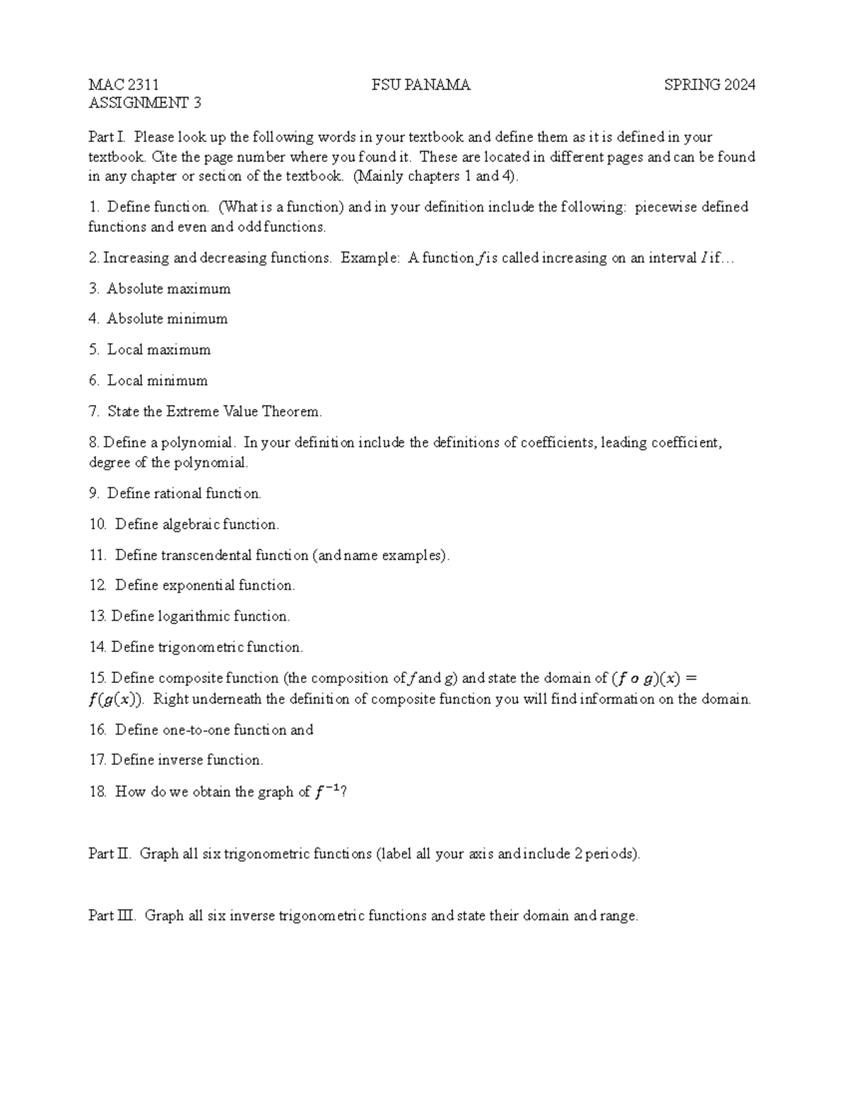 Calculo assigment 3 pdf - MAC 2311 FSU PANAMA SPRING 202 4 ASSIGNMENT 3 ...