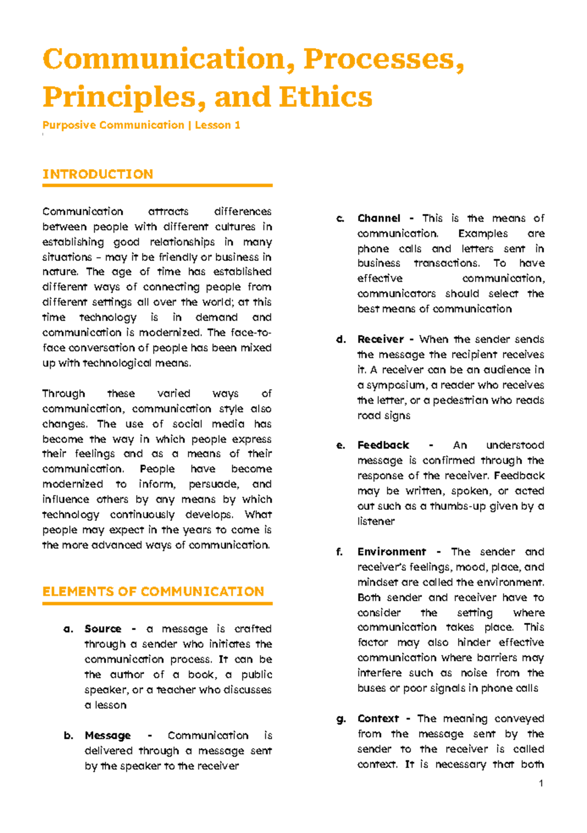 Purcomm Lesson 1 - Communication, Processes, Principles, and Ethics Purposive Communication ...