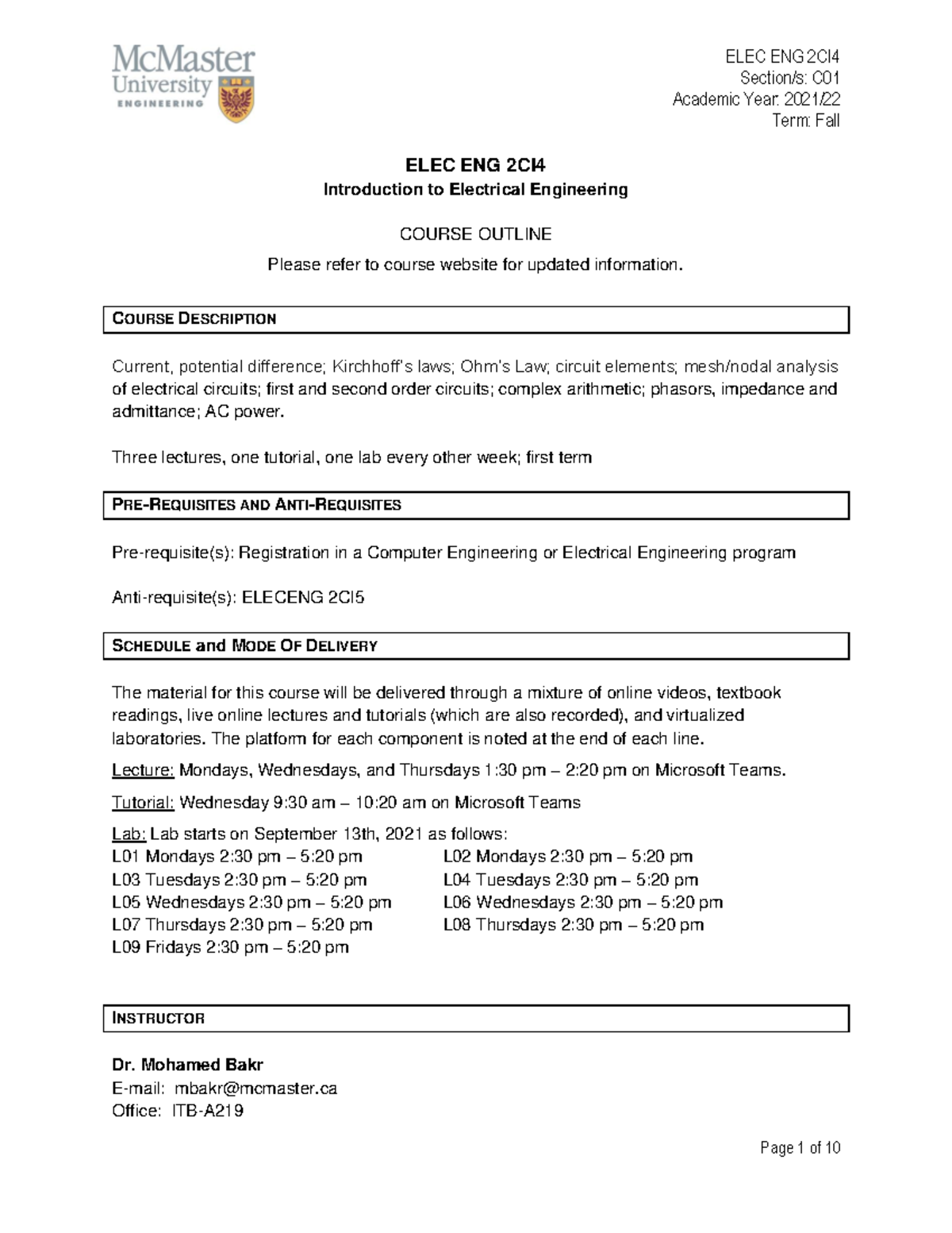 Eleceng 2ci4 outline fall 2021-22 - Section/s: C Academic Year: 2021 /2 ...
