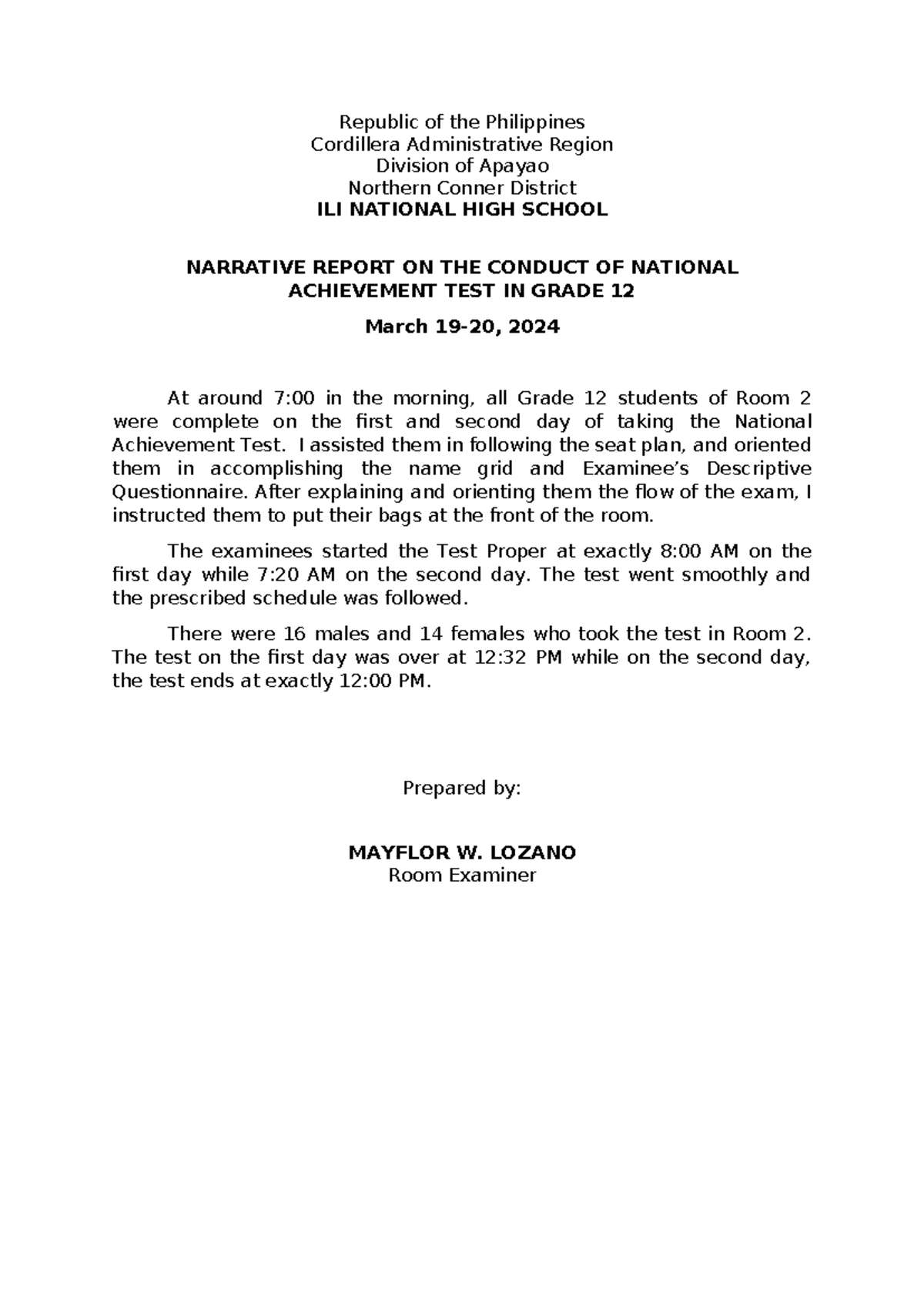 NAT Narrative Report - Republic of the Philippines Cordillera ...