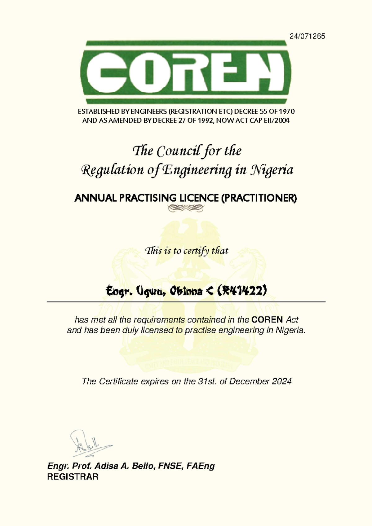 Coren Practising Licence (Id - 60616) - 24/ ESTABLISHED BY ENGINEERS ...