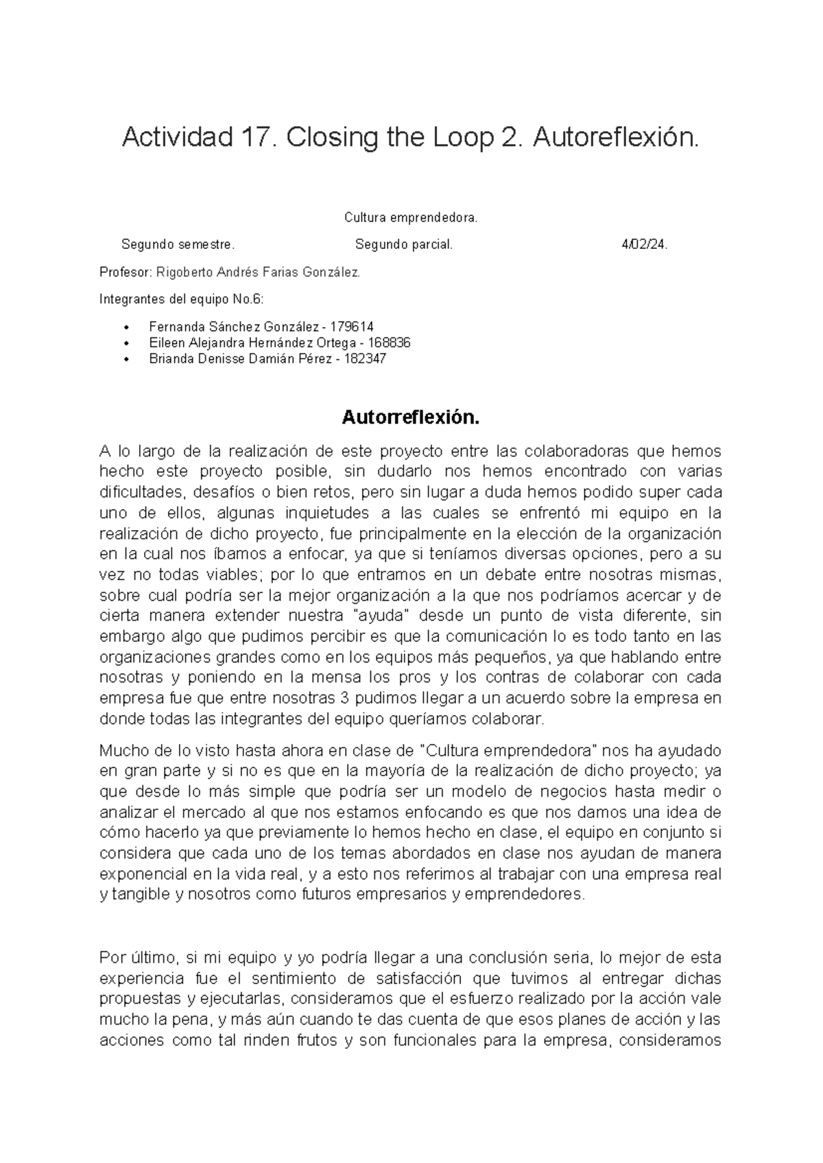 Actividad 17- Autoreflexión - Actividad 17. Closing the Loop 2 ...