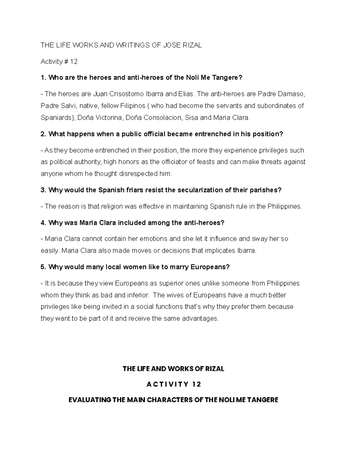 R12 - R12 RIZAL - THE LIFE WORKS AND WRITINGS OF JOSE RIZAL Activity ...