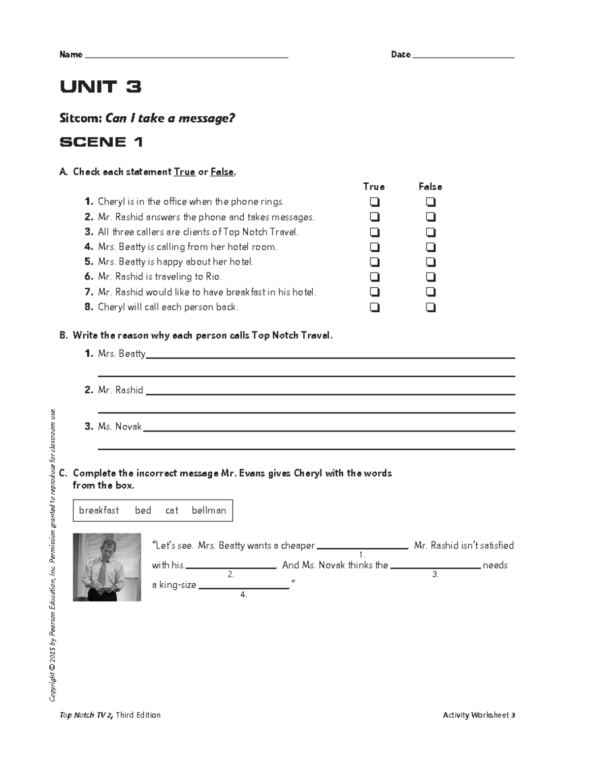 UNIT 03 TV Activity Worksheets - Unit 3 Sitcom: Can I take a message ...