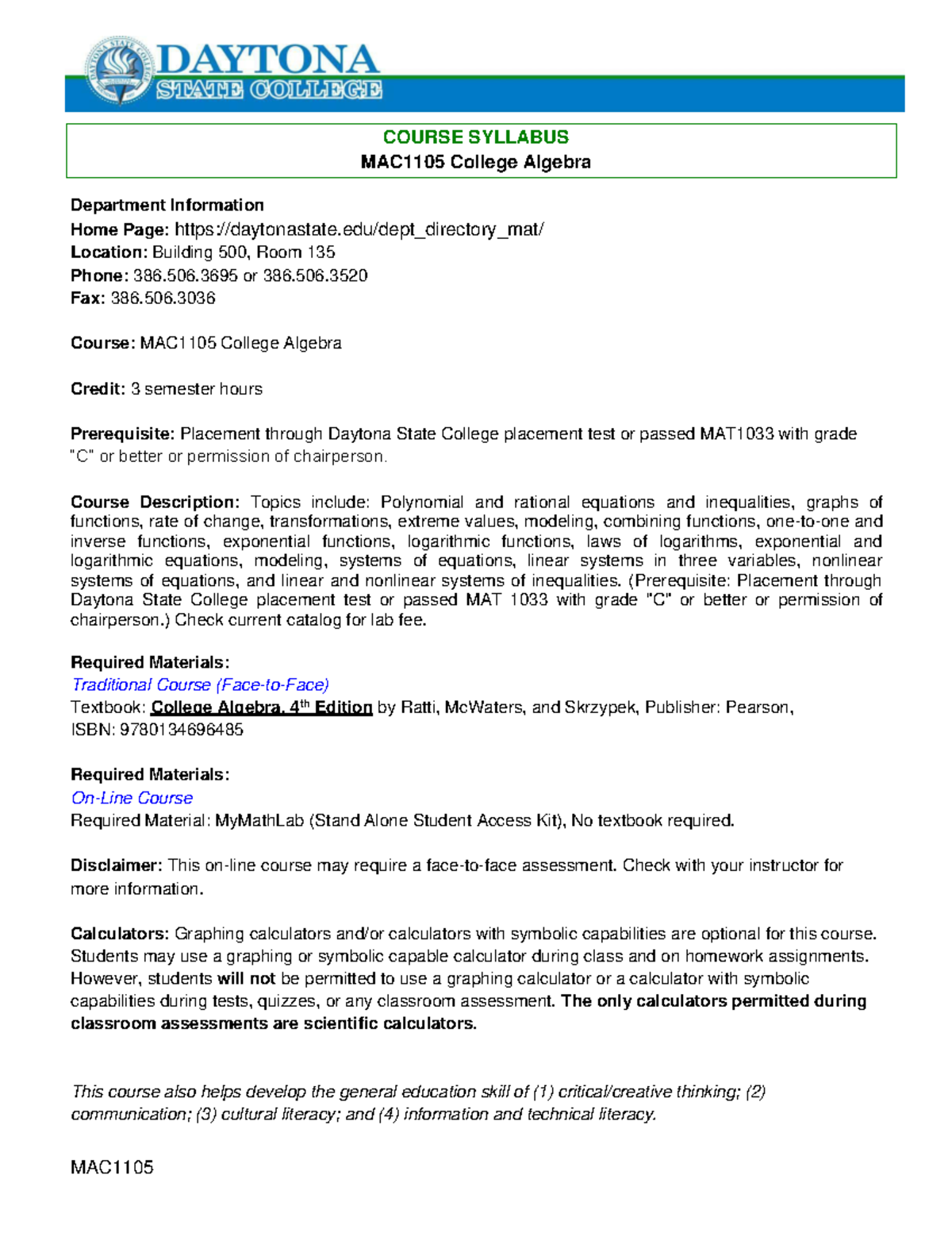 Mac1105 college algebra course syllabus - COURSE SYLLABUS MAC1105 ...