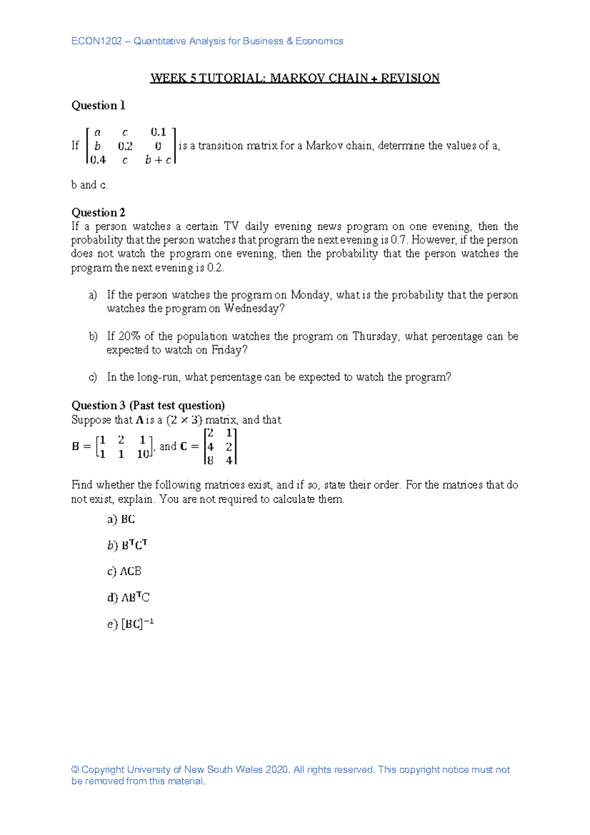 Week 5 Tutorial Questions Econ1202 Quantitative Analysis For