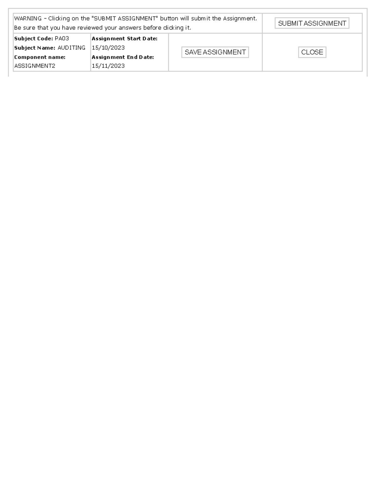 Auditing assignments 2 - WARNING - Clicking on the "SUBMIT ASSIGNMENT ...