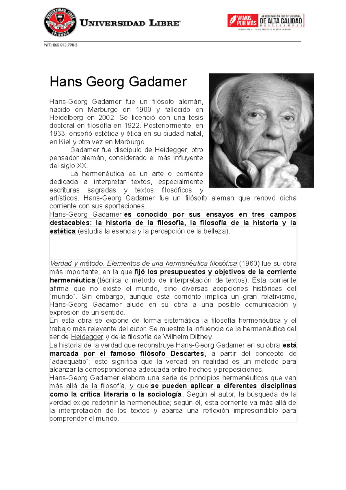 Nota Previa 21 Febrero - Hans Georg Gadamer Hans-Georg Gadamer fue un ...