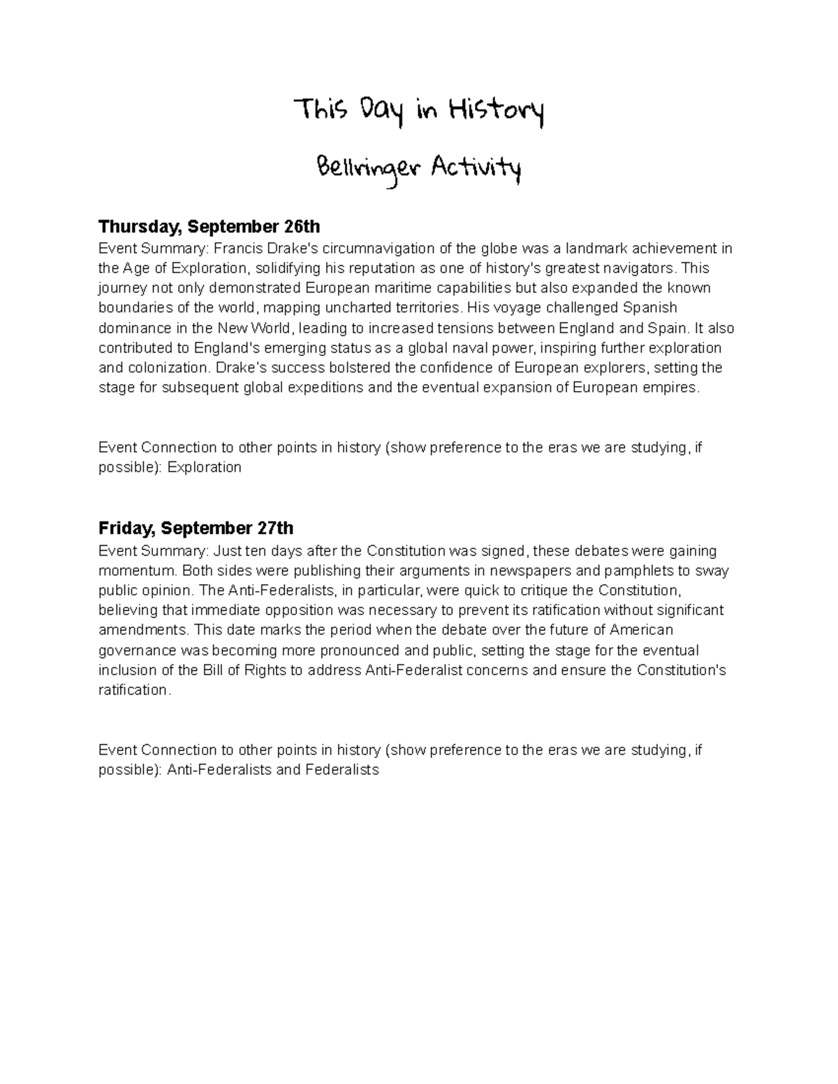 TDIH Bellringer 9-26 to 10-4 - This Day in History Bellringer Activity ...