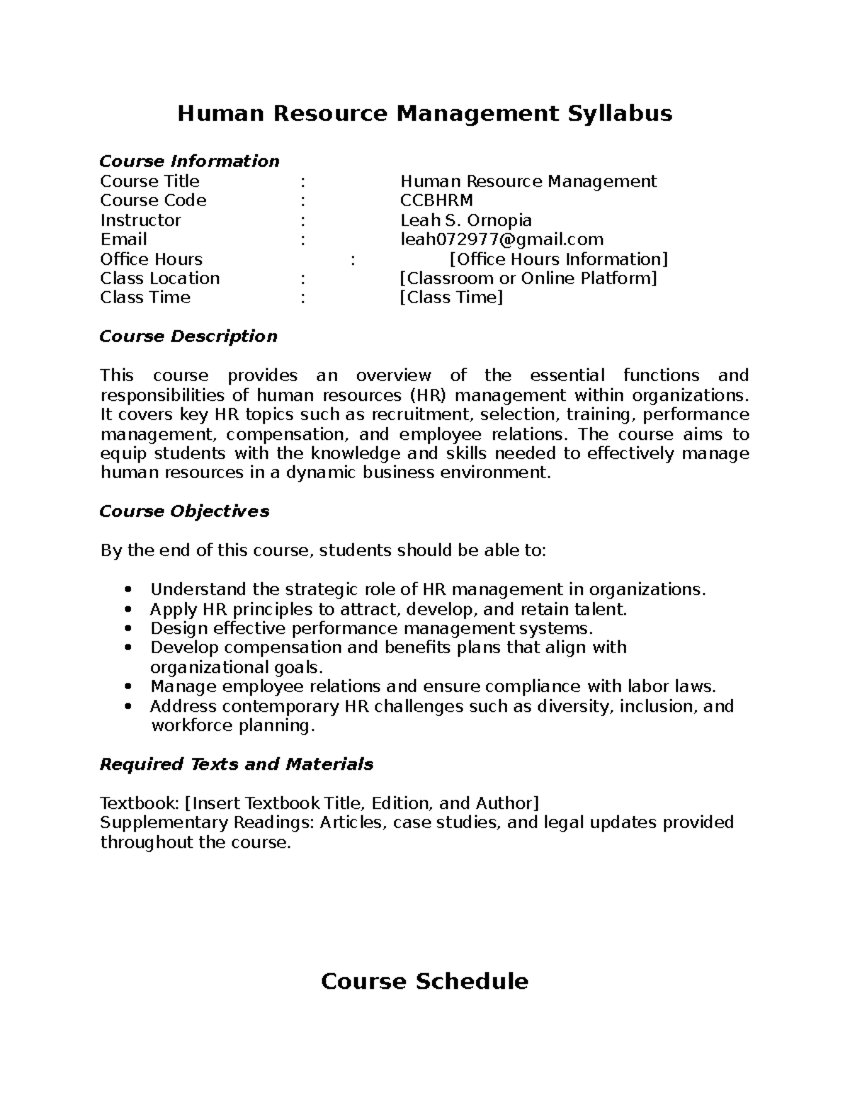 Human Resources Management Syllabus - Human Resource Management ...