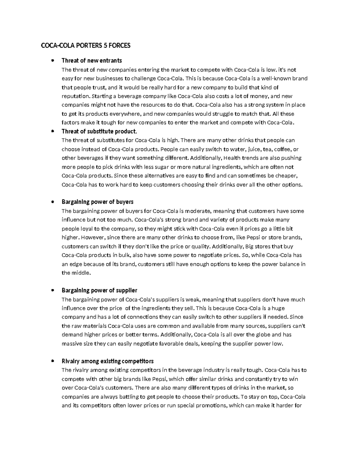 Coca cola's porter's 5 forces - COCA-COLA PORTERS 5 FORCES Threat of ...