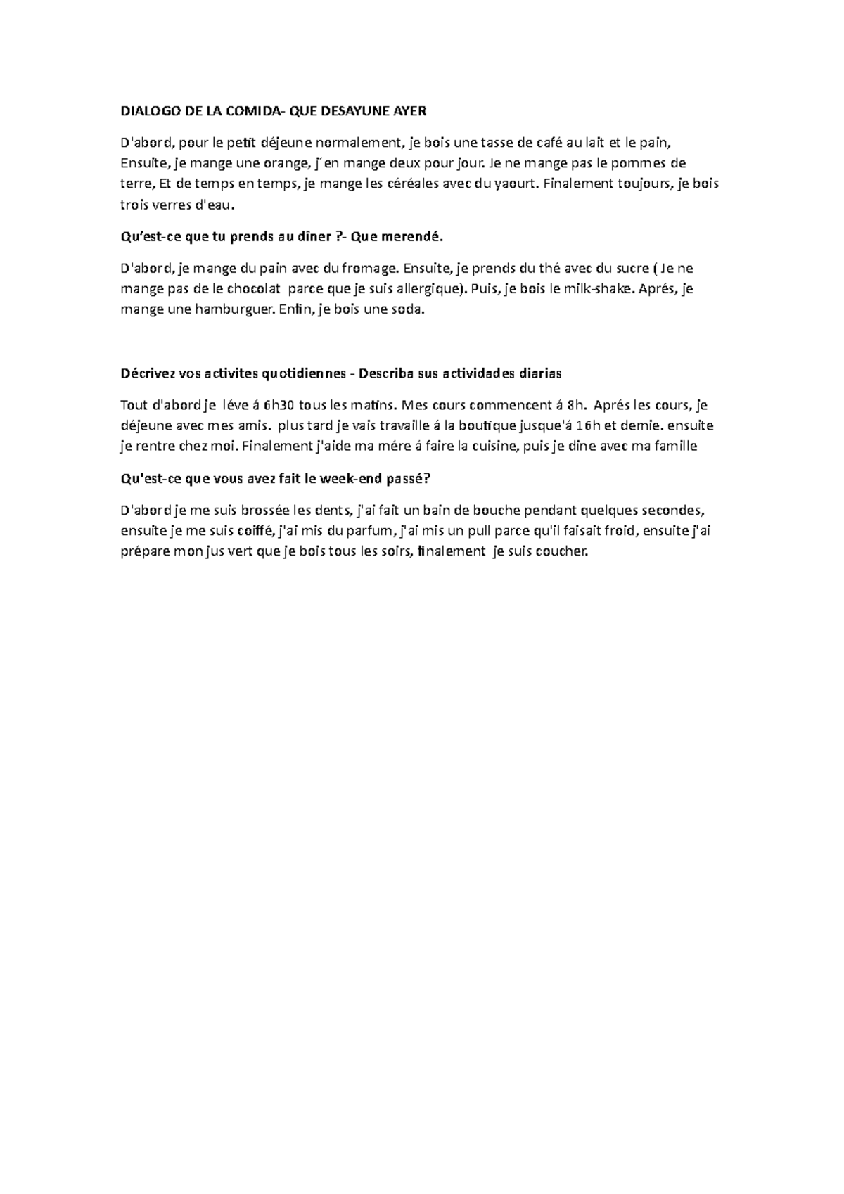 Dialogo DE LA Comida - deberes - DIALOGO DE LA COMIDA- QUE DESAYUNE ...