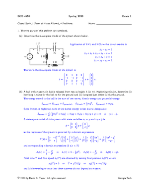 Exam1 Spring 21 solution - ECE 4550 Spring 2021 Exam 1 Open-Book, Open ...
