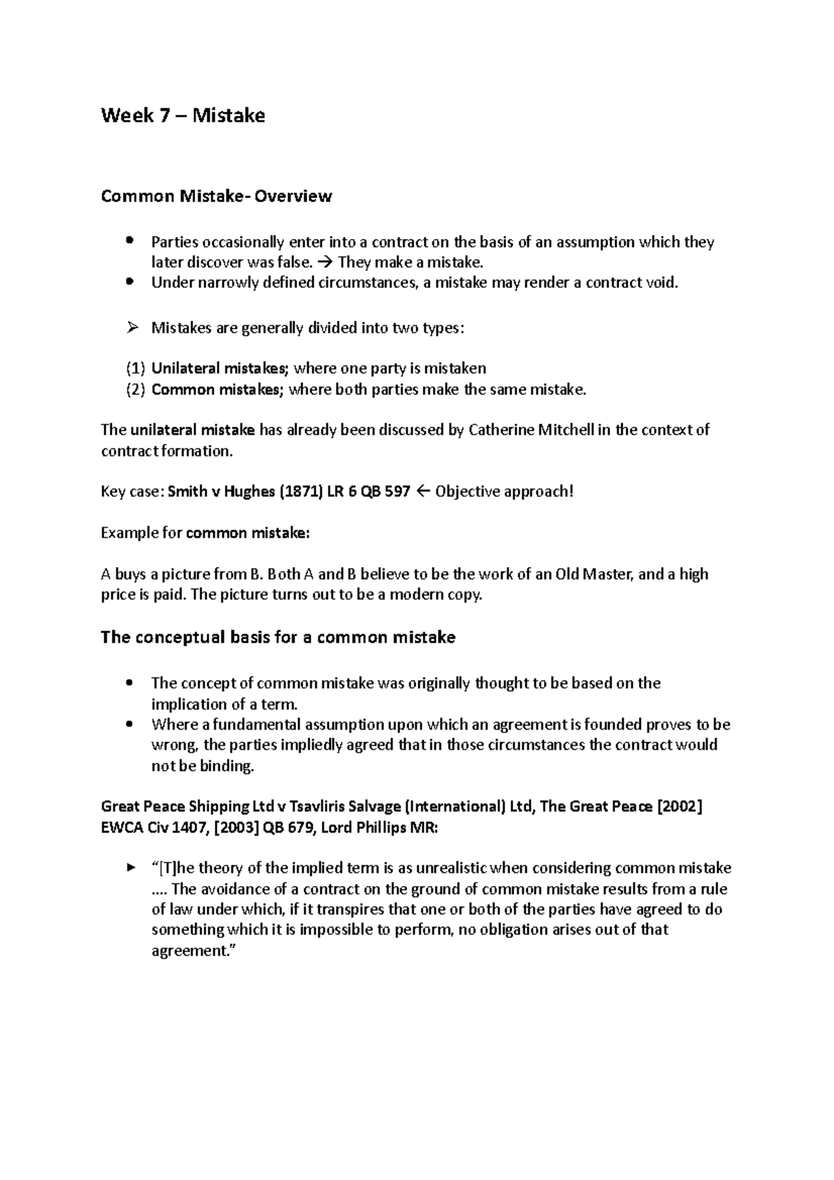 Week 7 - Mistake - Week 7 – Mistake Common Mistake- Overview Parties occasionally enter into a ...