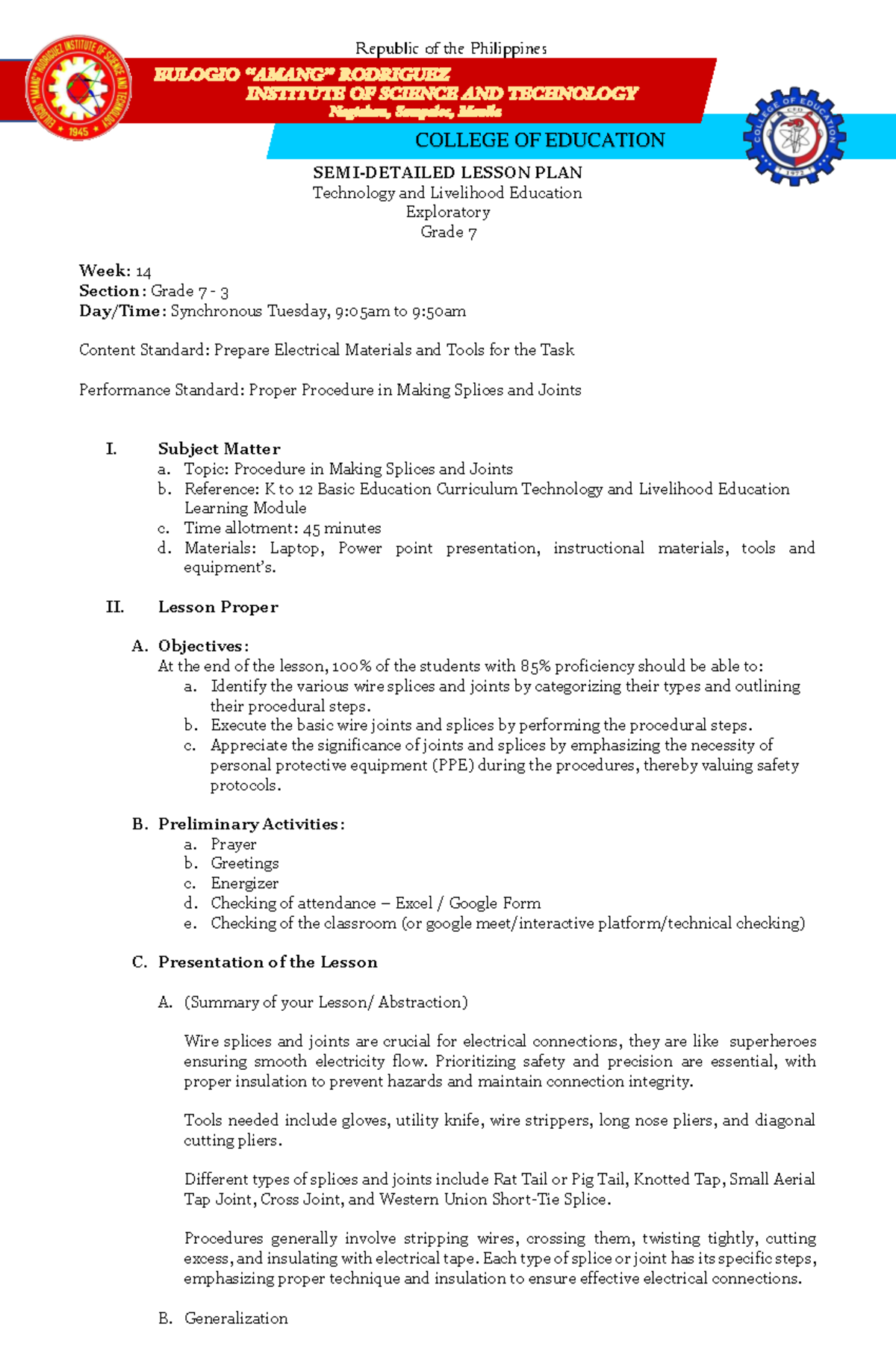 Demo-Earist - SAMPLE - 4 COLLEGE OF EDUCATION Republic of the ...