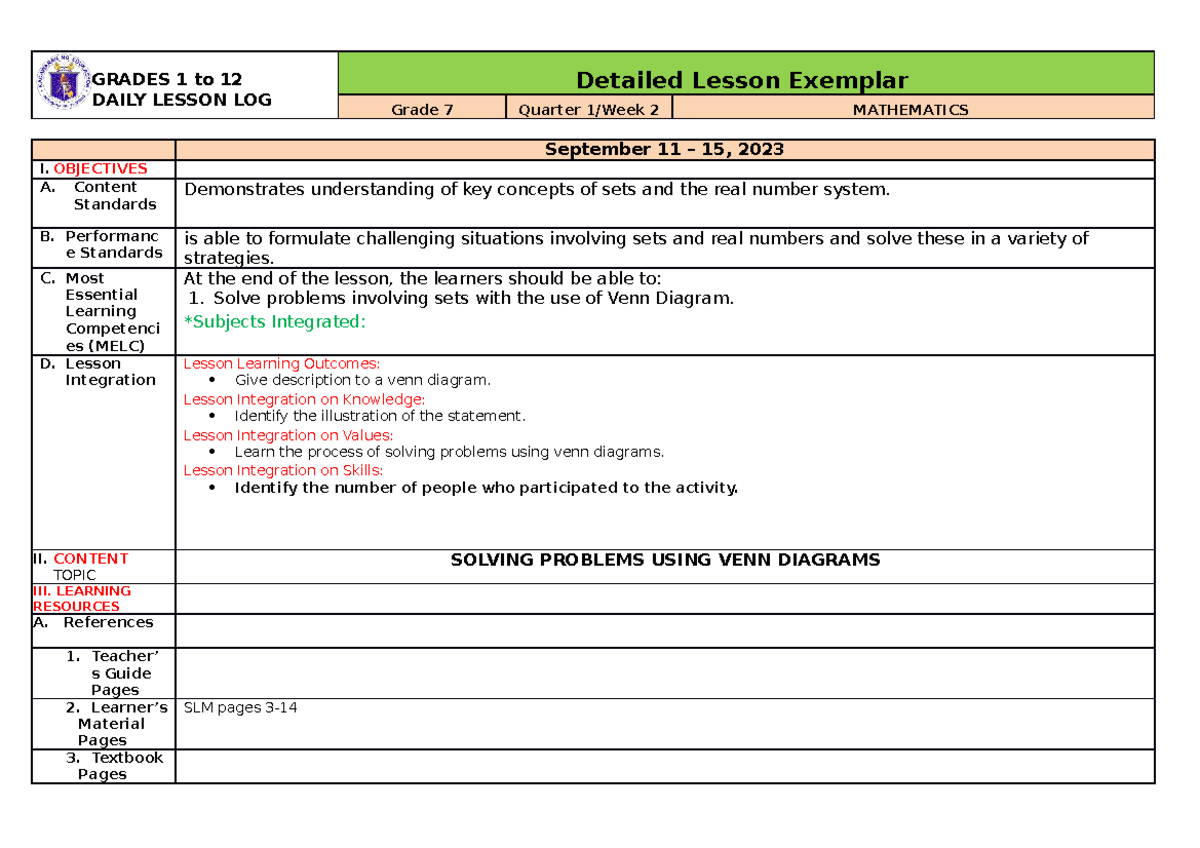 Math 7-week 2 - quarter 1 - GRADES 1 to 12 DAILY LESSON LOG Detailed ...
