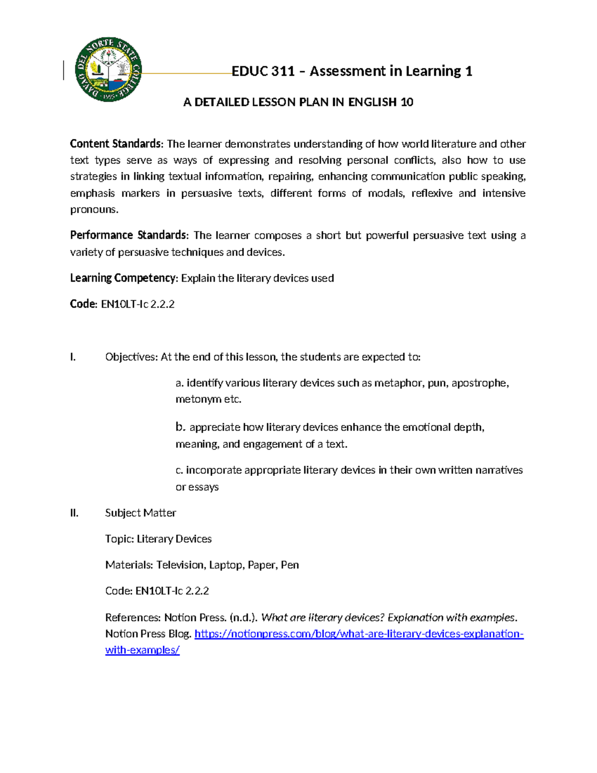 A DETAILED LESSON PLAN IN ENGLISH 10 - Performance Standards: The ...