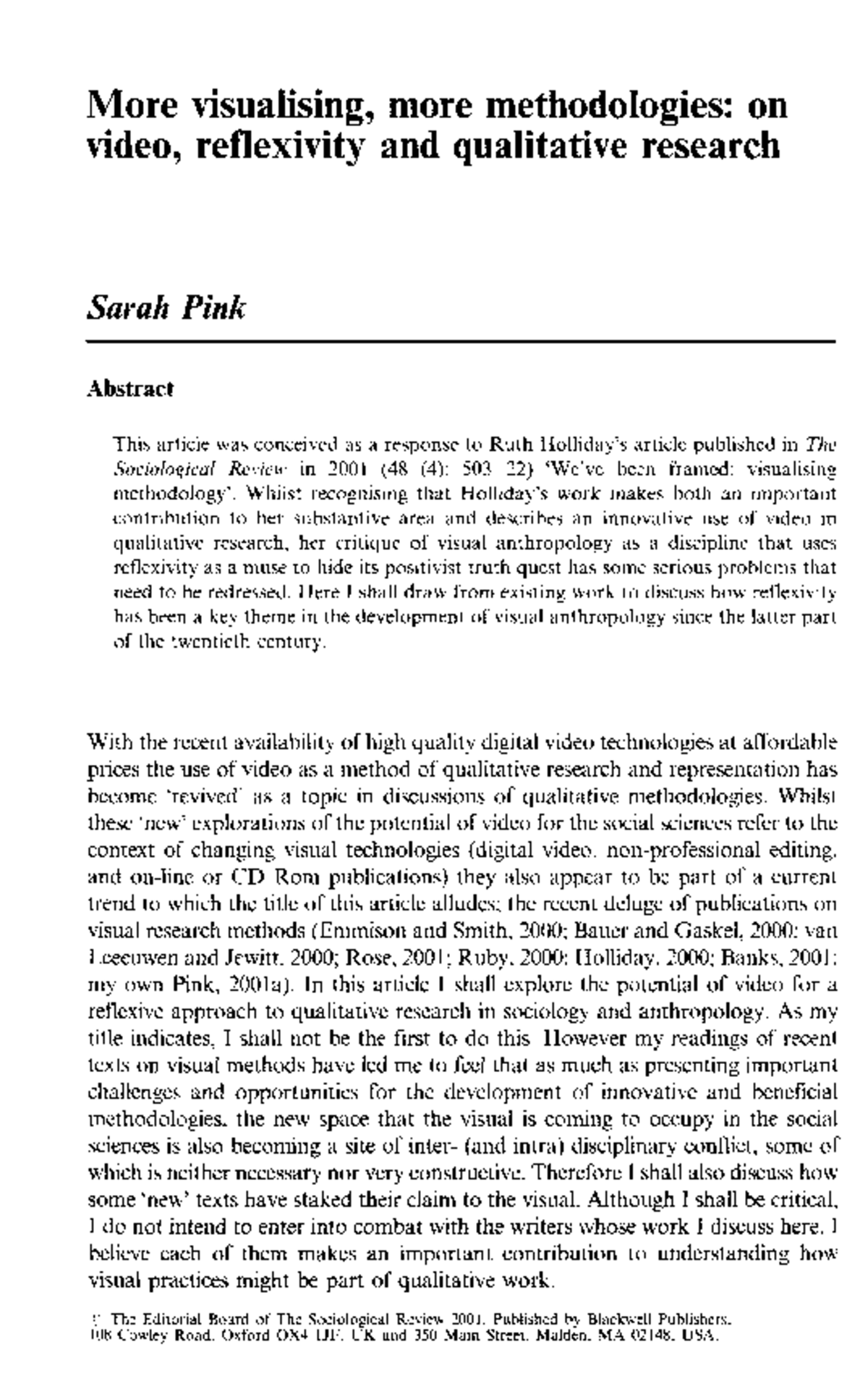 2001 Pink - More visualising, more methodologies: on video, reflexivity ...