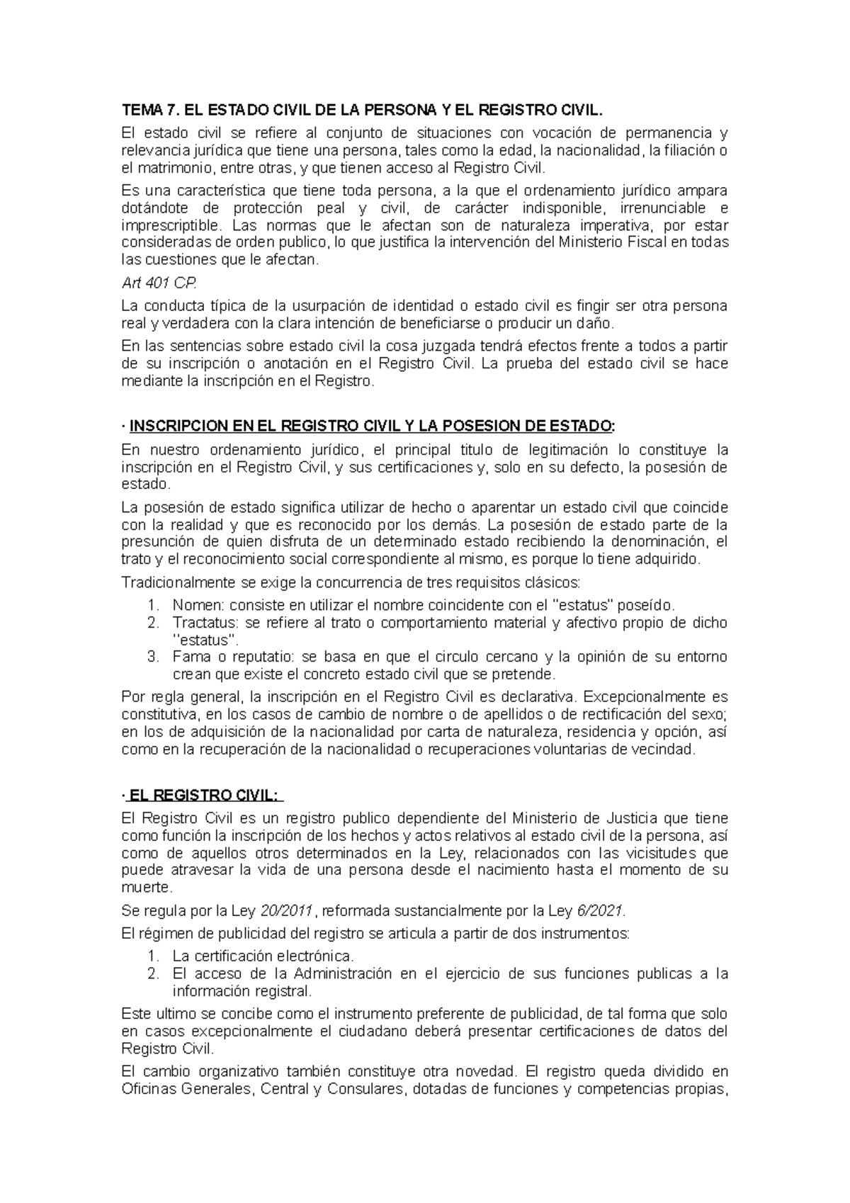 TEMA 7 - apuntes civil bloque I - TEMA 7. EL ESTADO CIVIL DE LA PERSONA ...