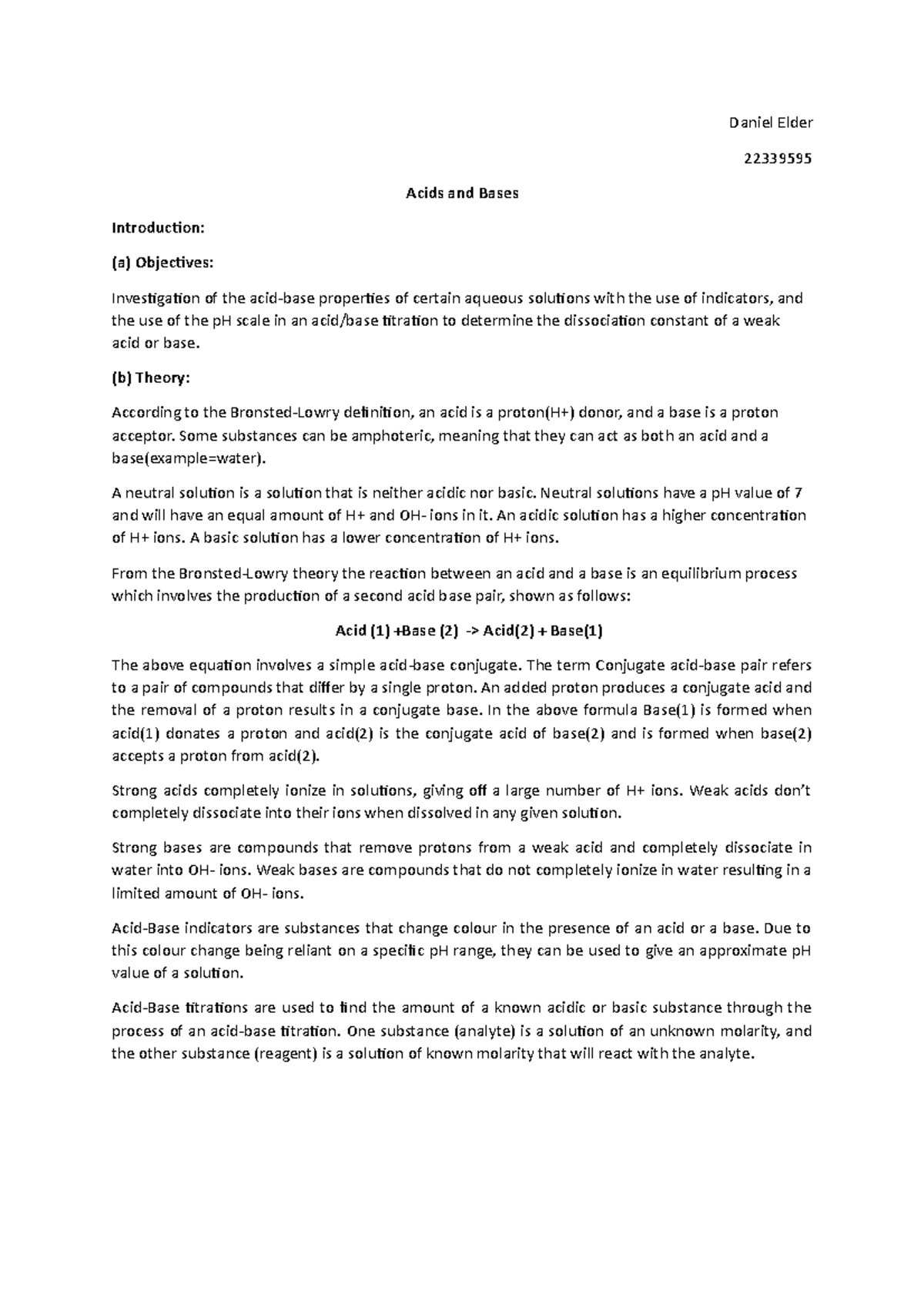 Acids and Bases - Acid and base experiment write up - Daniel Elder ...