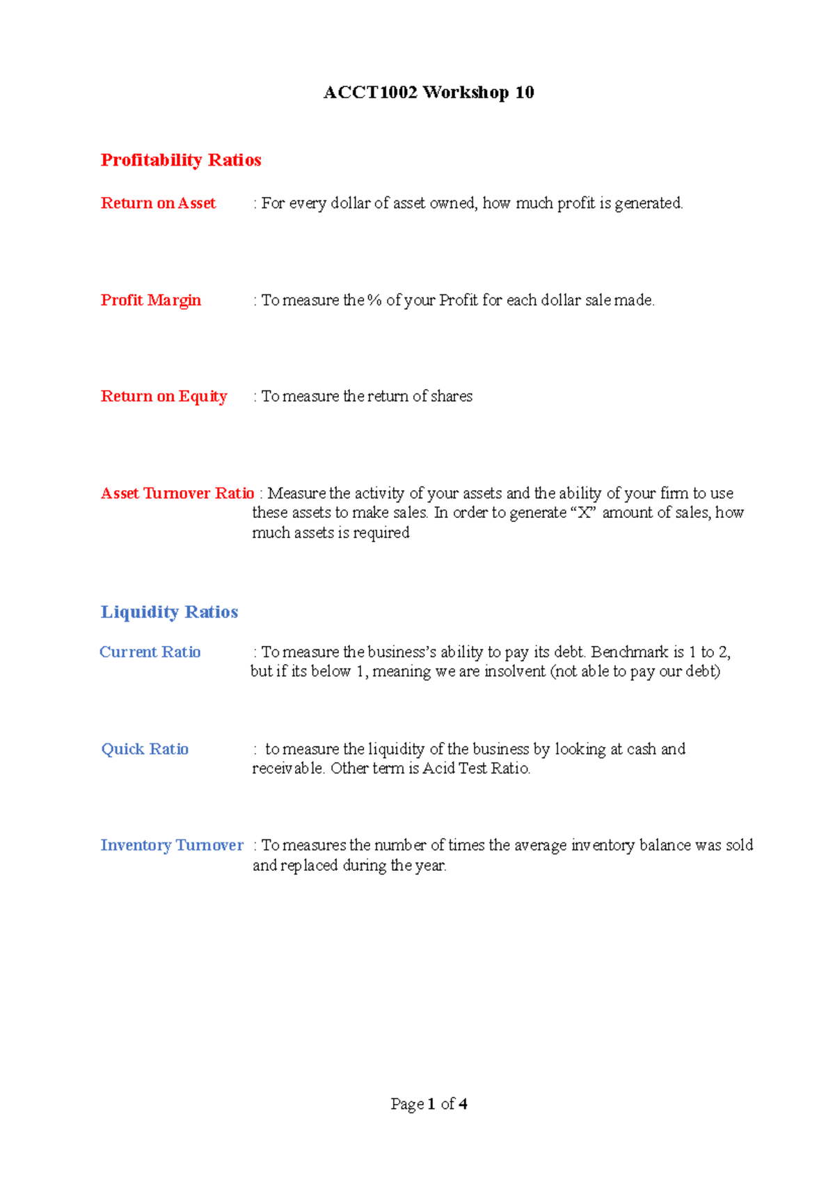 ACCT1002 M10 Workshop Questions - ACCT1002 Workshop 10 Profitability ...