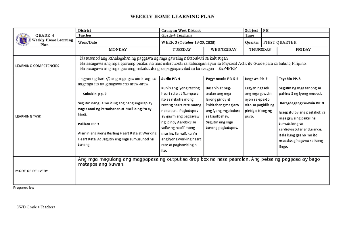 G4 QI Wk 3 Weekly Home Plan PE - WEEKLY HOME LEARNING PLAN GRADE 4 ...