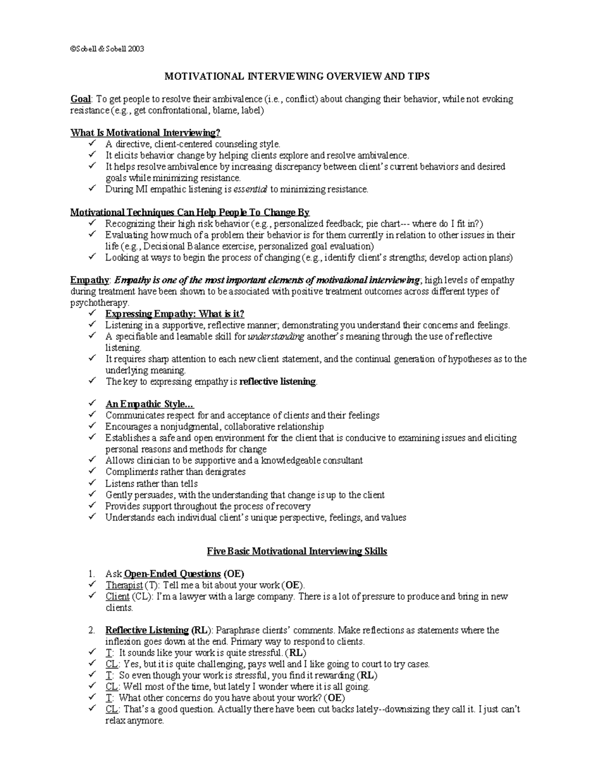 Motivational Interviewing Overview and Tips - ©Sobell & Sobell 2003 ...