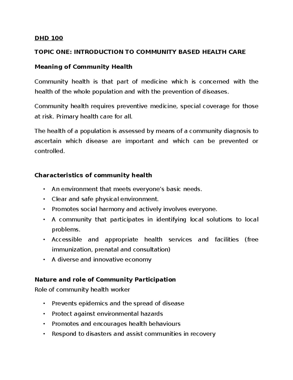 DHD 100 - Few notes - DHD 100 TOPIC ONE: INTRODUCTION TO COMMUNITY ...