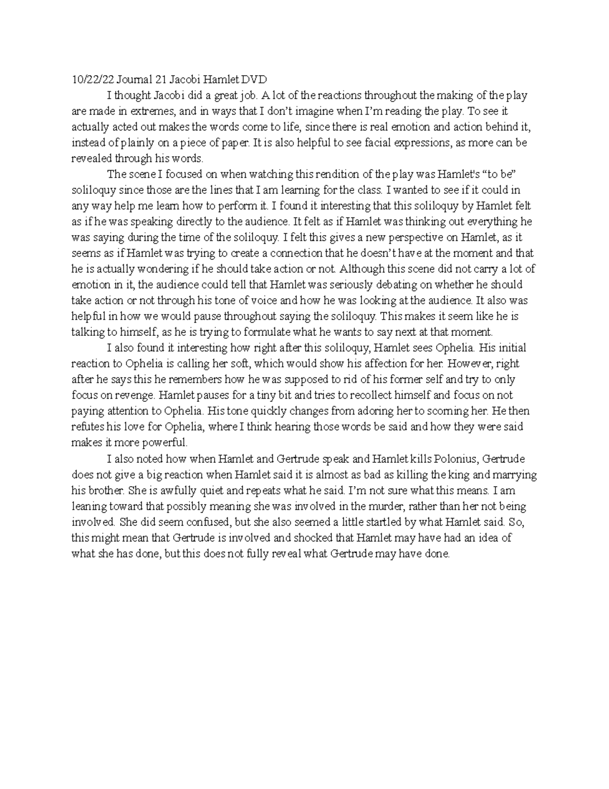 Journal Entry Shakespeare Hamlet Jacobi DVD - 10/22/22 Journal 21 ...