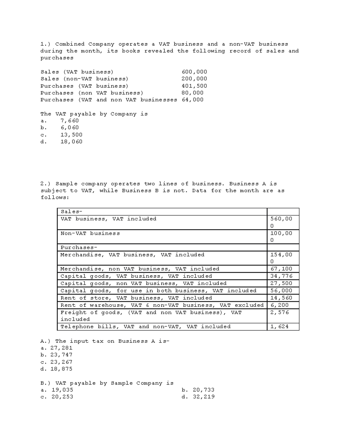Sample- Problems - Taxation practice material - 1.) Combined Company ...