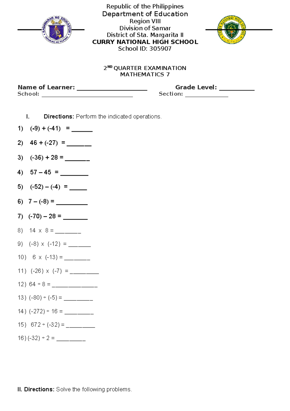 Grade 7 Final Erunt Pretest - 2 ND QUARTER EXAMINATION MATHEMATICS 7 ...