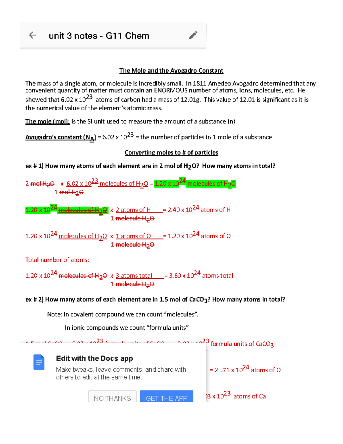 Unit 3 notes - G11 Chem - The Mole and the Avogadro Constant The mass ...