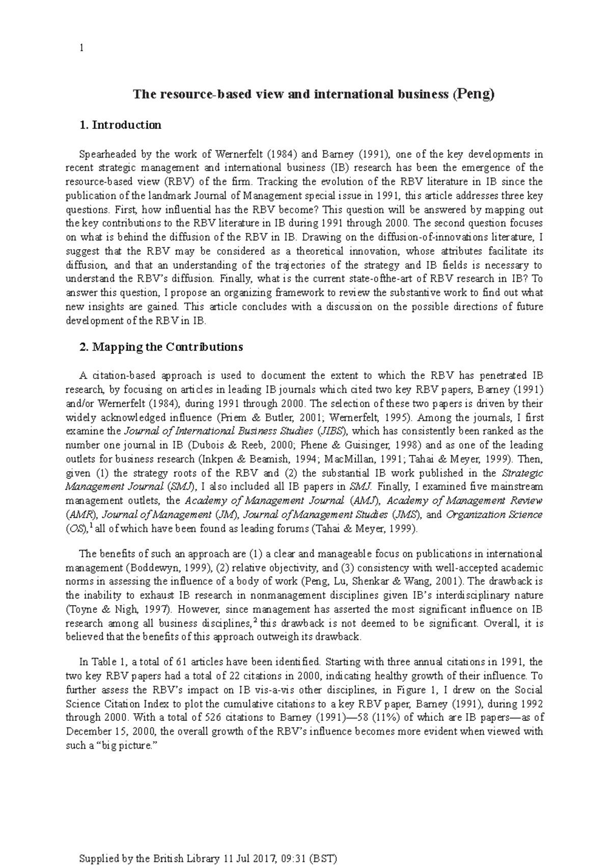 The resource-based view and international business (Peng ...