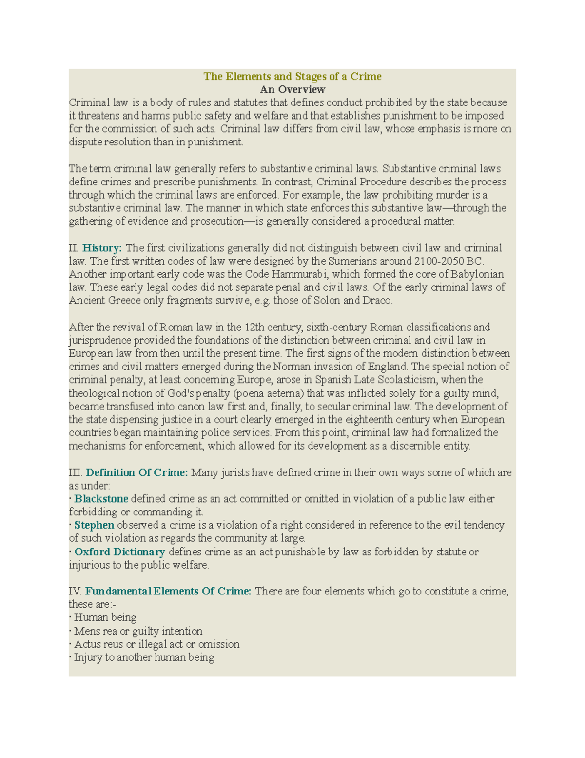 The Elements and Stages of a Crime - Criminal law differs from civil ...