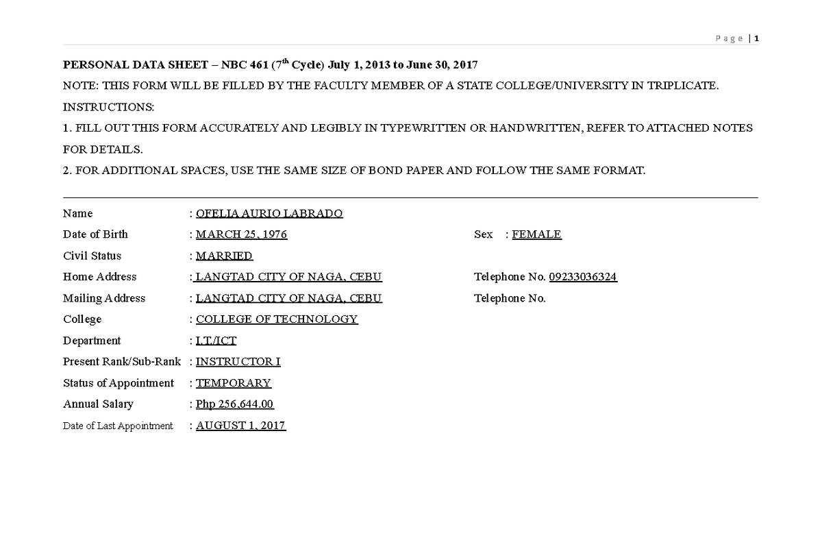 Labrado NBC 461 7TH Cycle - blank - PERSONAL DATA SHEET – NBC 461 (7th ...
