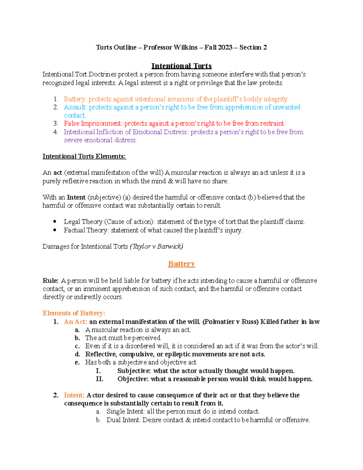 Torts Outline Fall 2023 - Torts Outline – Professor Wilkins – Fall 2023 ...