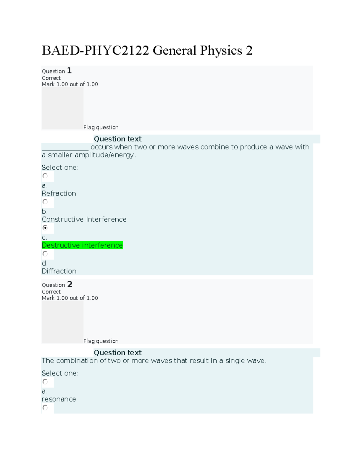 Physics-2ND-Q-EXAM - BAED-PHYC2122 General Physics 2 Question 1 Correct ...