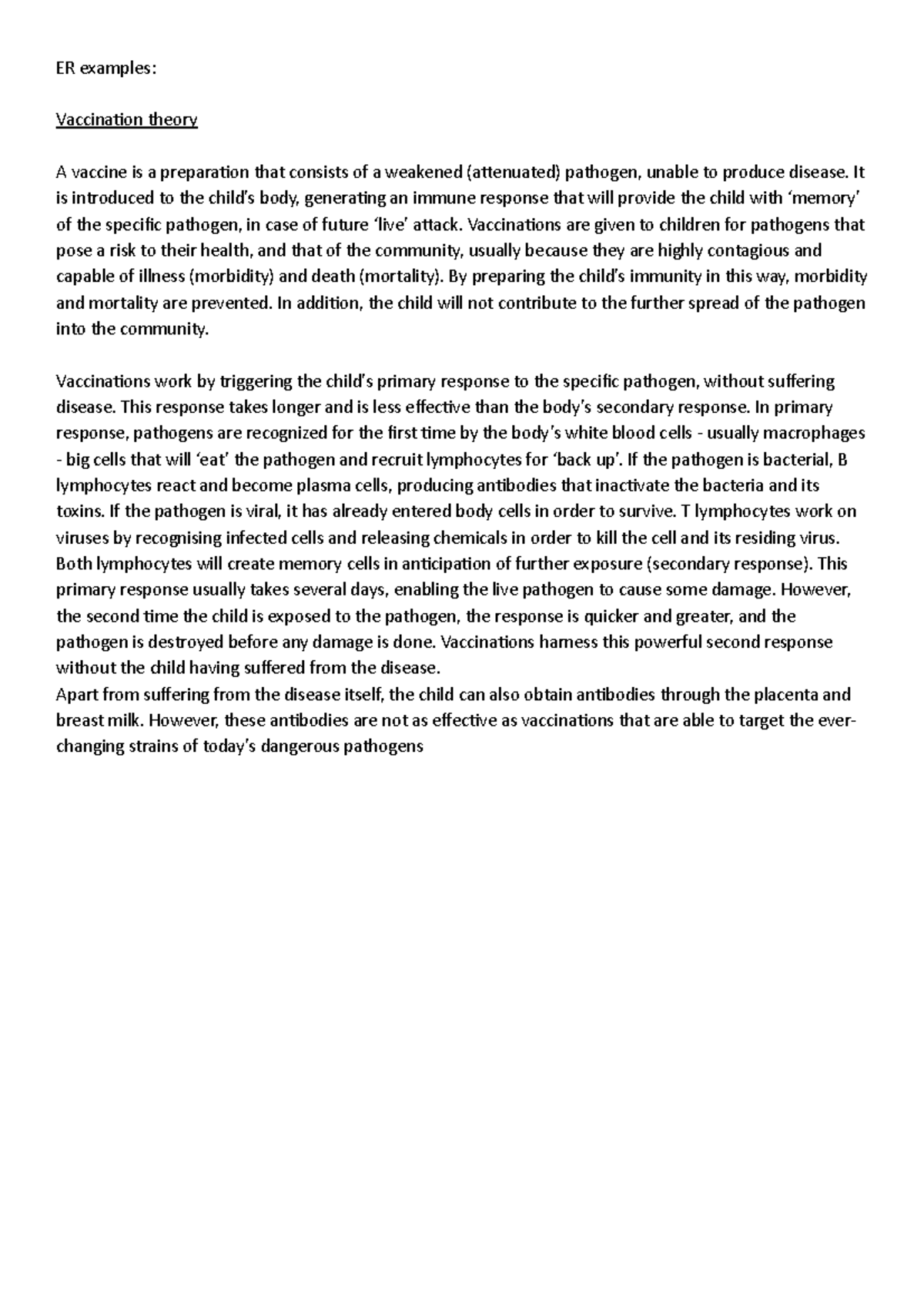 Extended Response examples A+P - ER examples: Vaccination theory A ...
