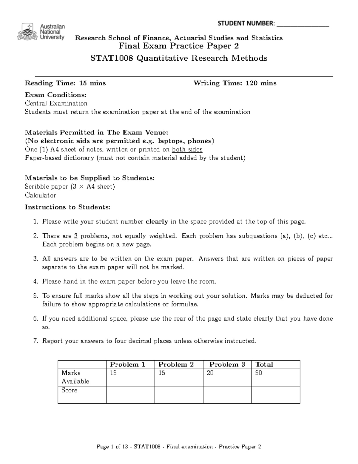 STAT1008 Final Exam Practice Paper 2 - Research School of Finance ...