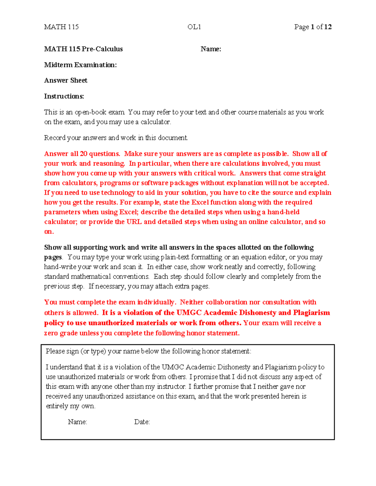 Math 115 Midterm - MATH 115 Pre-Calculus Name: Midterm Examination: Answer Sheet Instructions ...