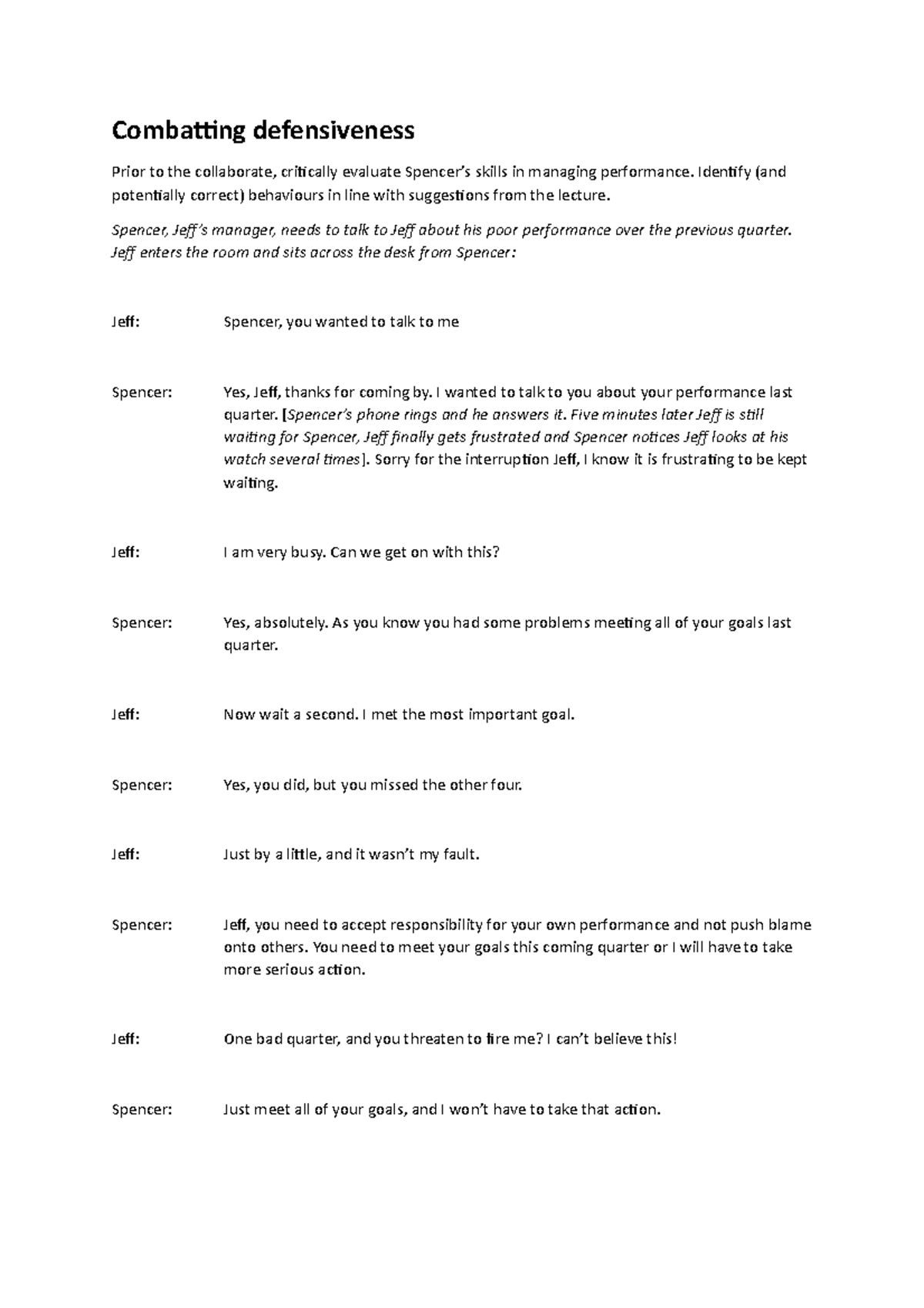 Performance skills worksheet - Combatting defensiveness Prior to the ...