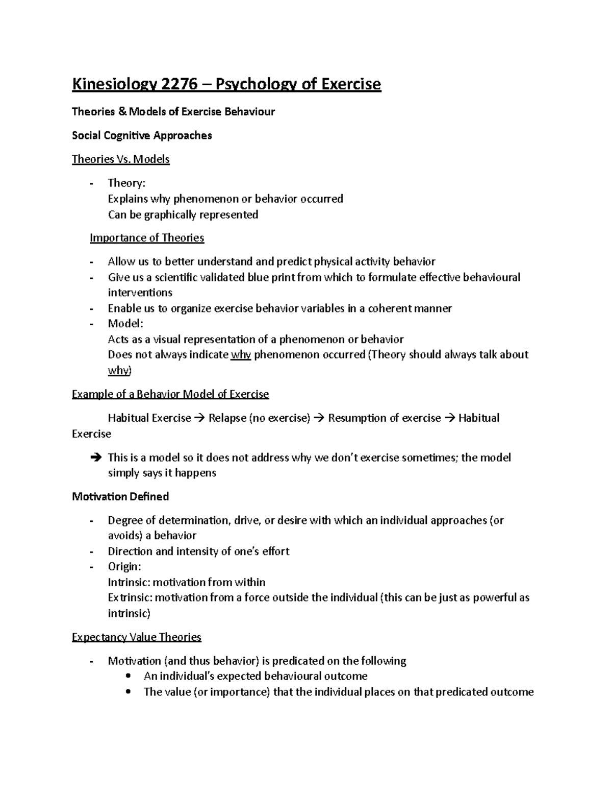 Kinesiology 2276: Exercise Behaviour Models - Kinesiology 2276 ...