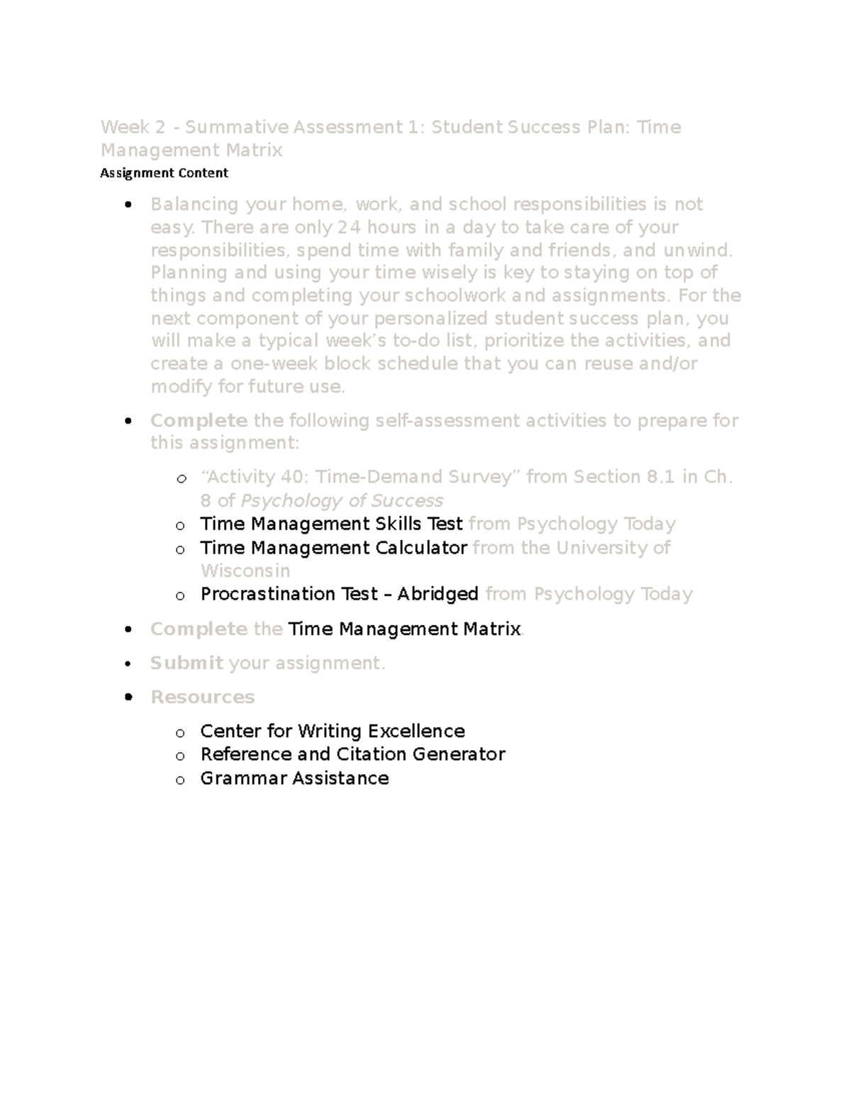 Wk 2 - Summative Assessment 1 Student Success Plan Time Management ...