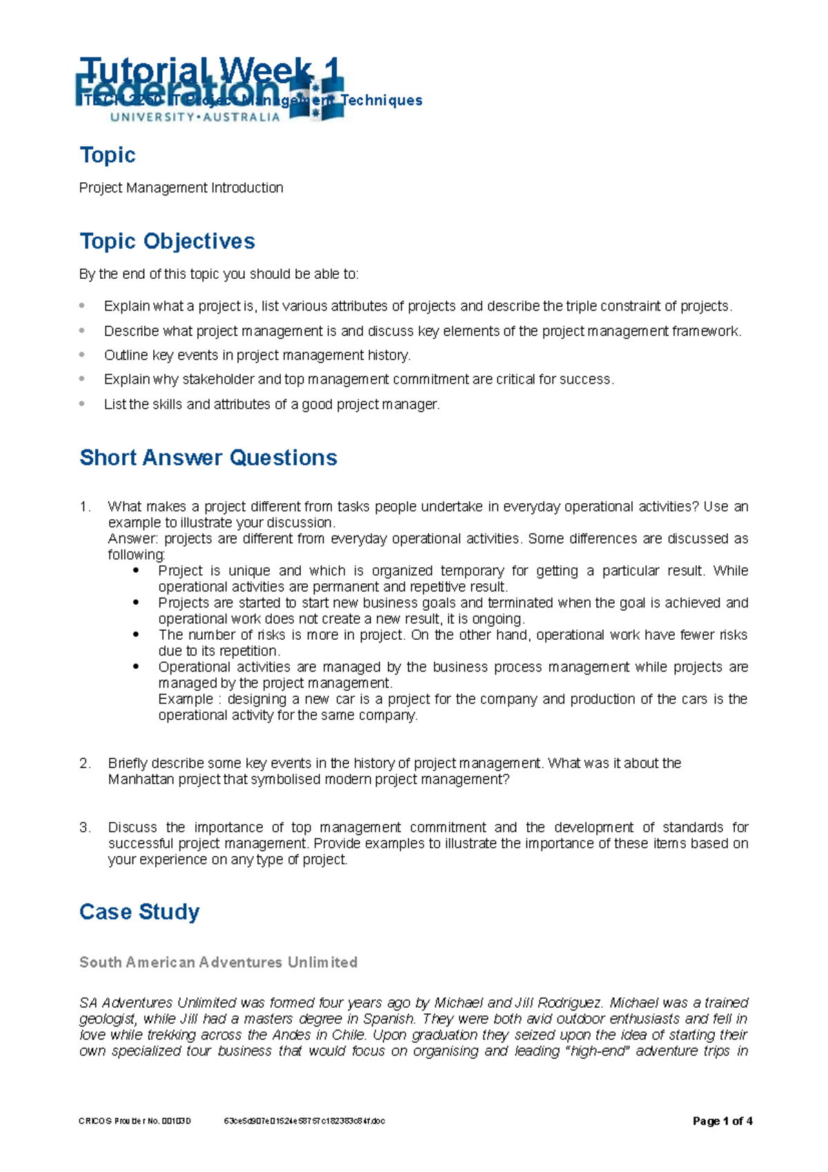 01 tutorial - itech 2400 - ITECH 2250 IT Project Management Techniques Topic Project Management ...