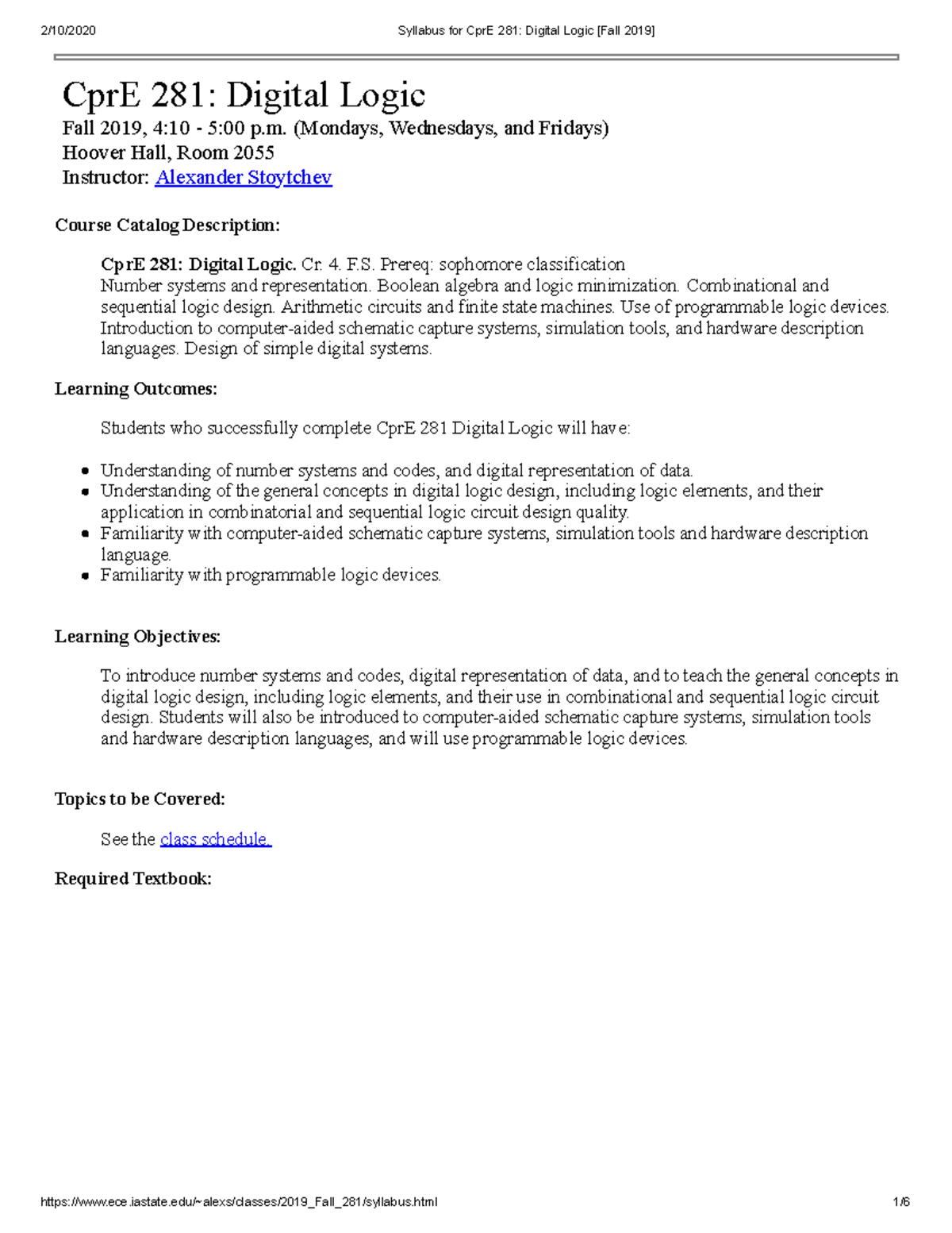 Syllabus for Cpr E 281 Digital Logic [Fall 2019 ] - CprE 281: Digital Logic Fall 2019, 4:10 - 5: ...