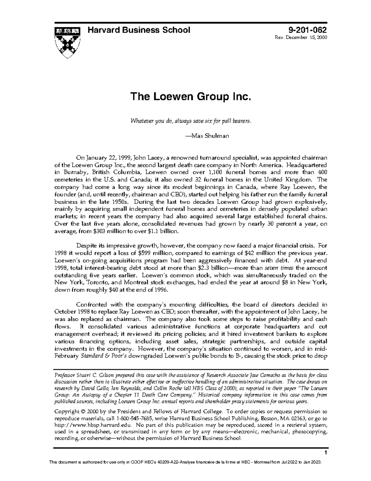 Loewen group inc - c'est un cas très riche - Harvard Business School 9 ...