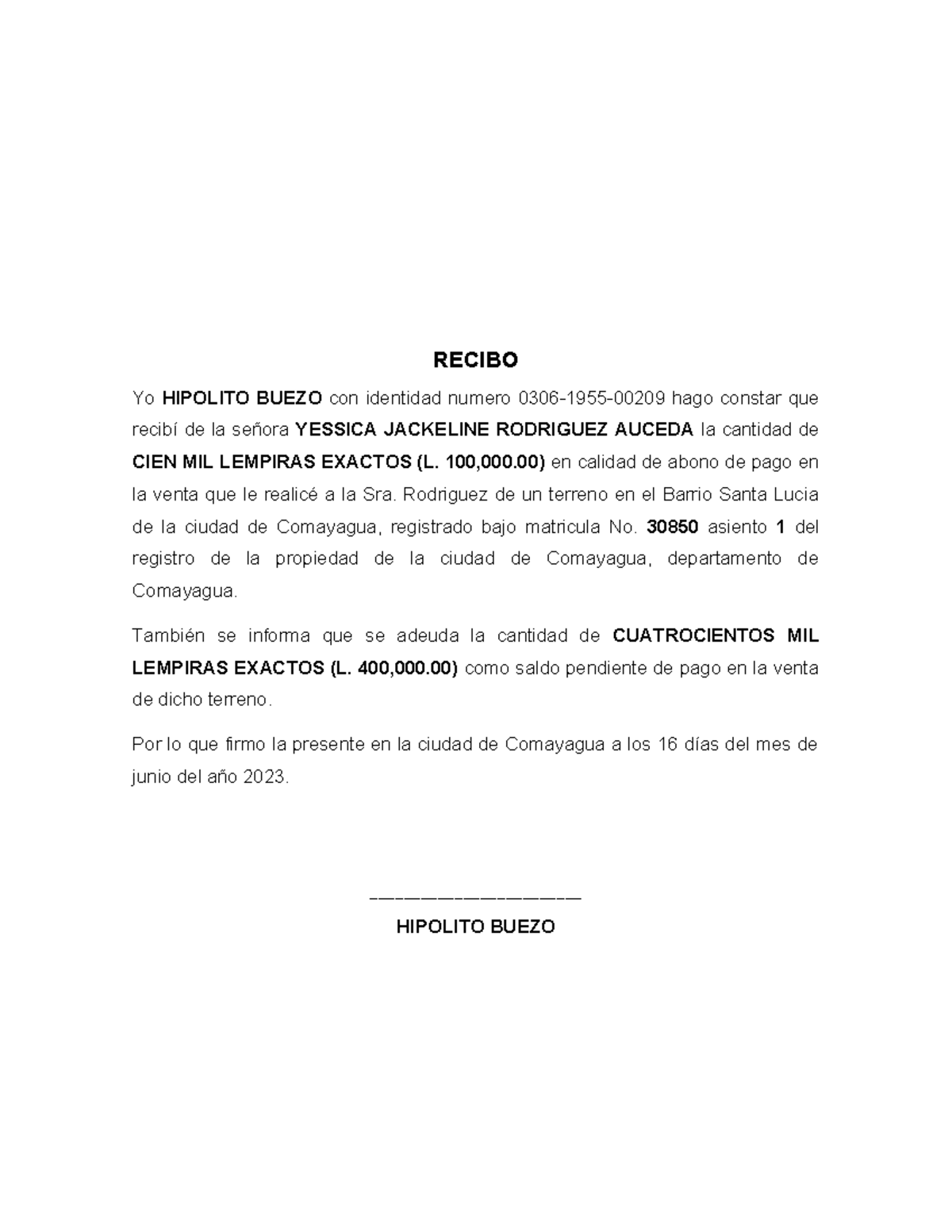 Recibo DE PAGO 3 - RECIBO Yo HIPOLITO BUEZO con identidad numero 0306 ...