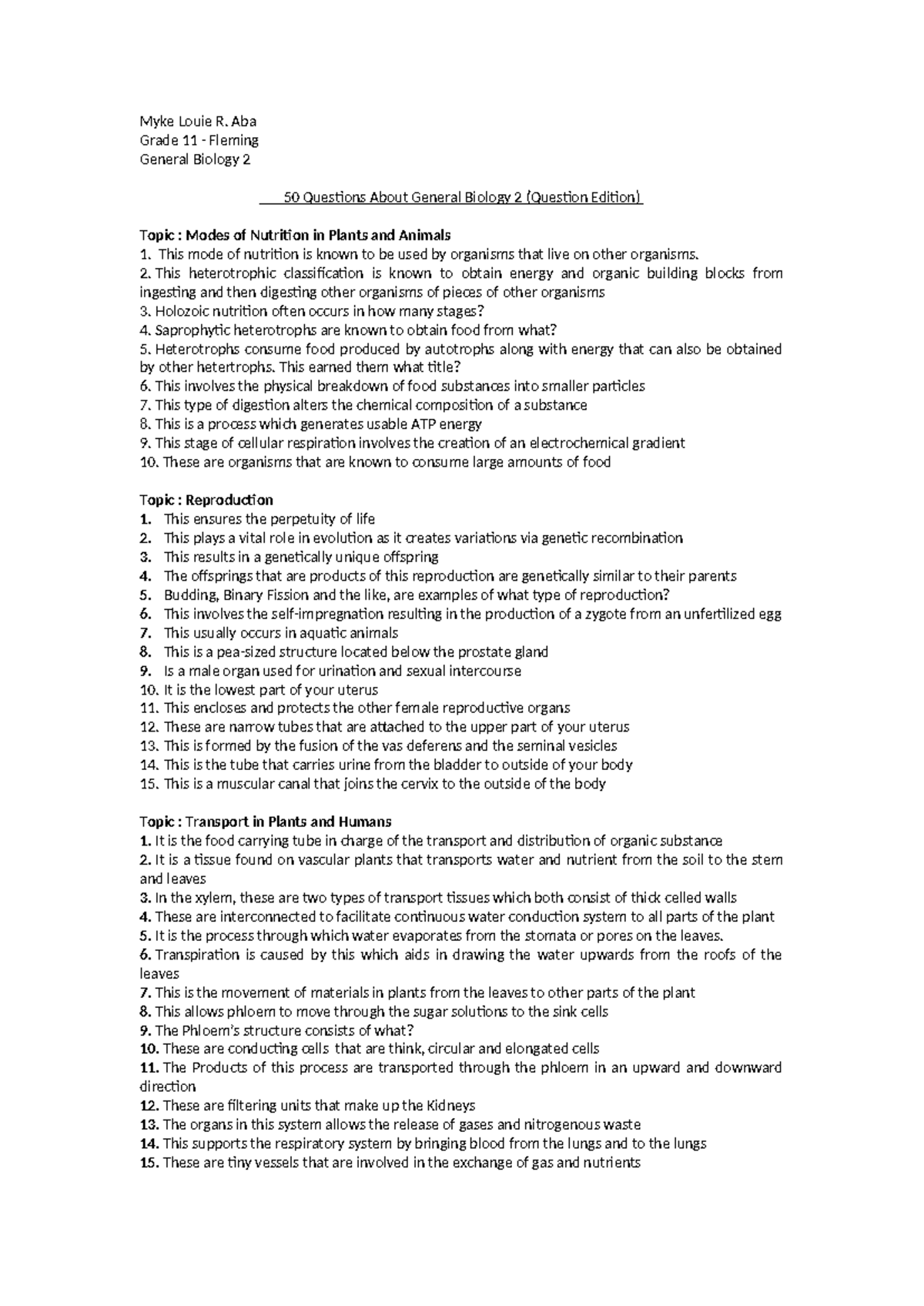 Gen Bio Questions (2nd Quarter) - Myke Louie R. Aba Grade 11 - Fleming ...