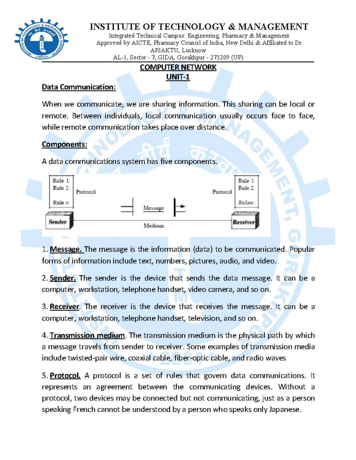 Computer Networks Notes(Unit-1) - Integrated Technical Campus ...